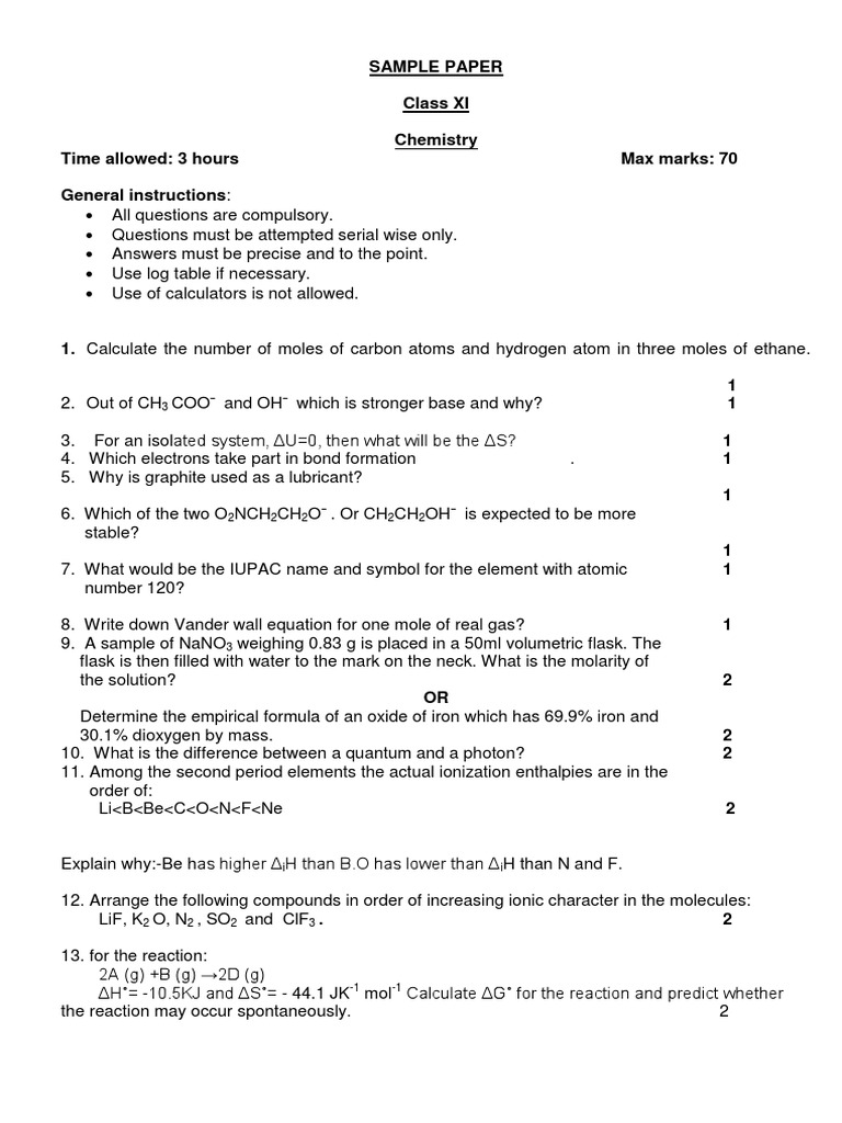 Cbse Sample Paper For Class 11 Chemistry | PDF | Ion | Alkene