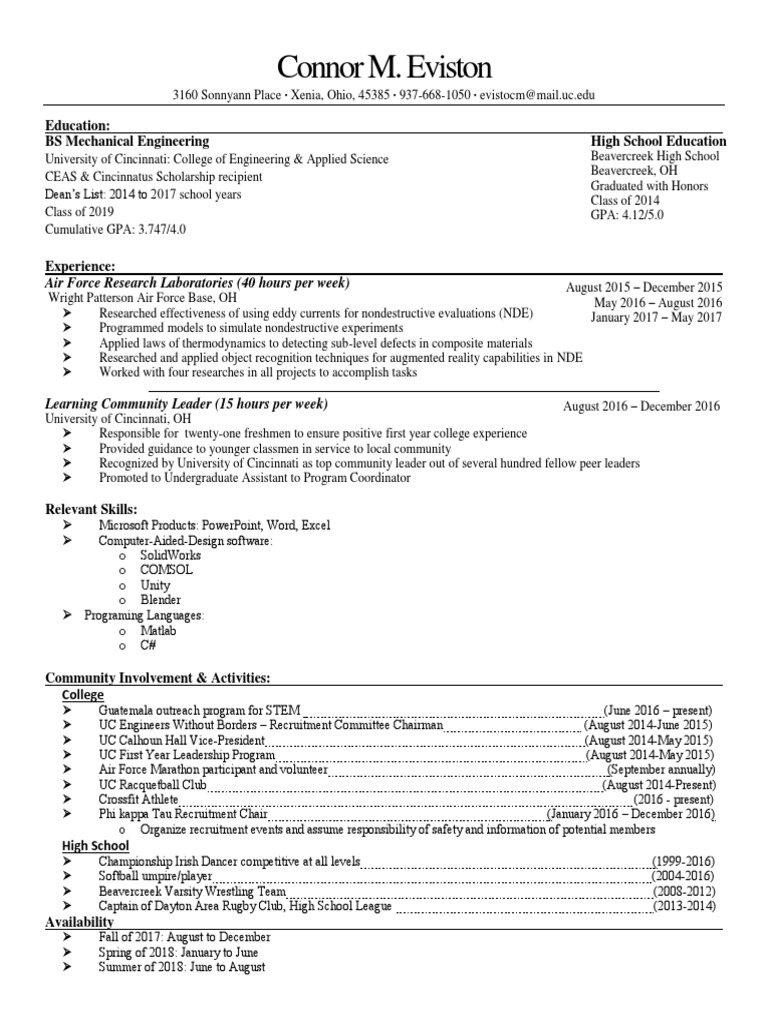 Connor Eviston Resume | PDF | Science And Technology | Science