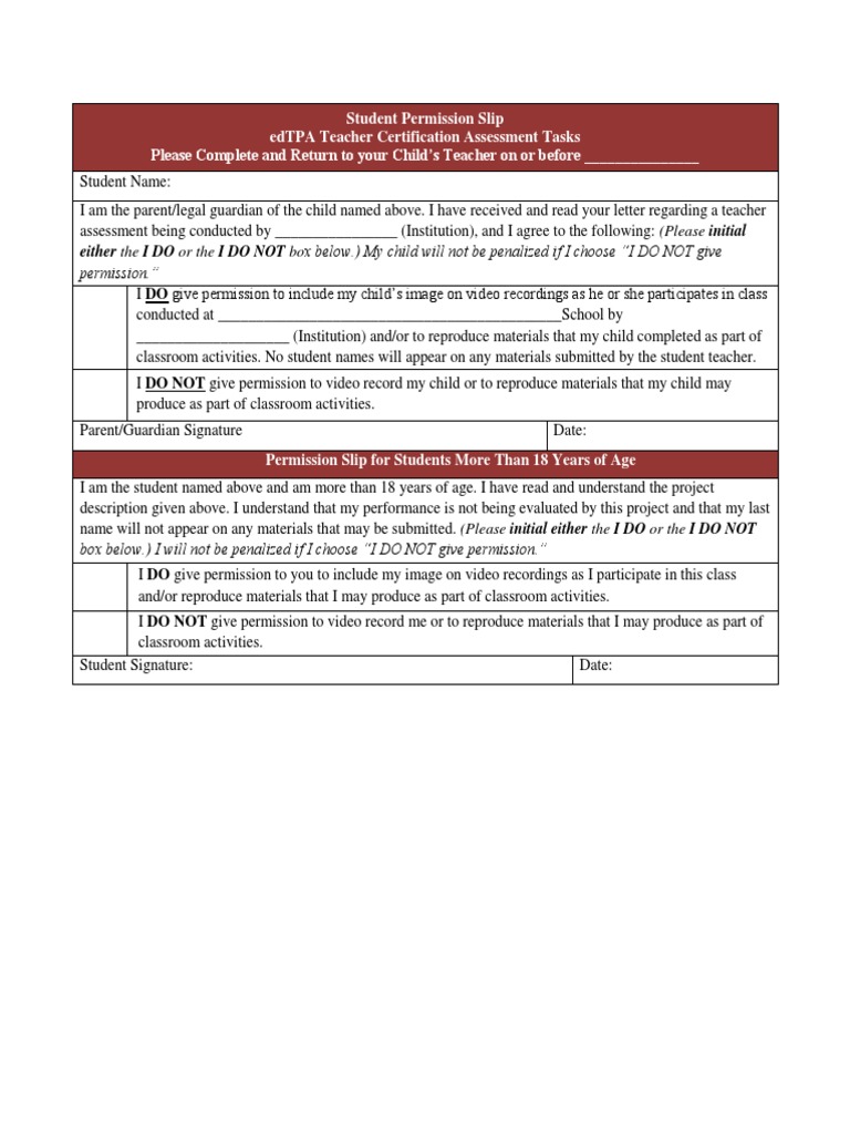 Student Permission Slip | PDF | Classroom | Teachers