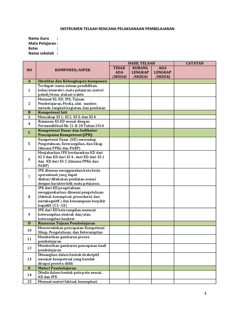 Instrumen Telaah RPP | PDF