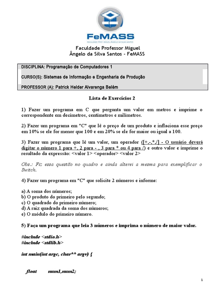Lista de Exercicios 2 - Parte Resolvida | PDF