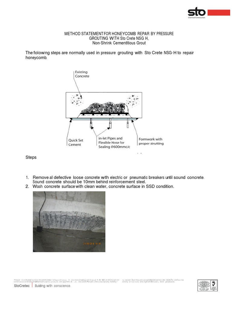 Honeycomb Repair Method: Pressure Grouting | PDF | Concrete | Civil Engineering