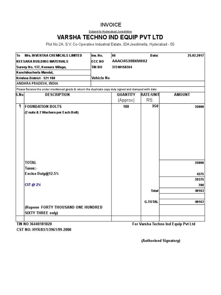 Hyderabad Invoice for Foundation Bolts | PDF
