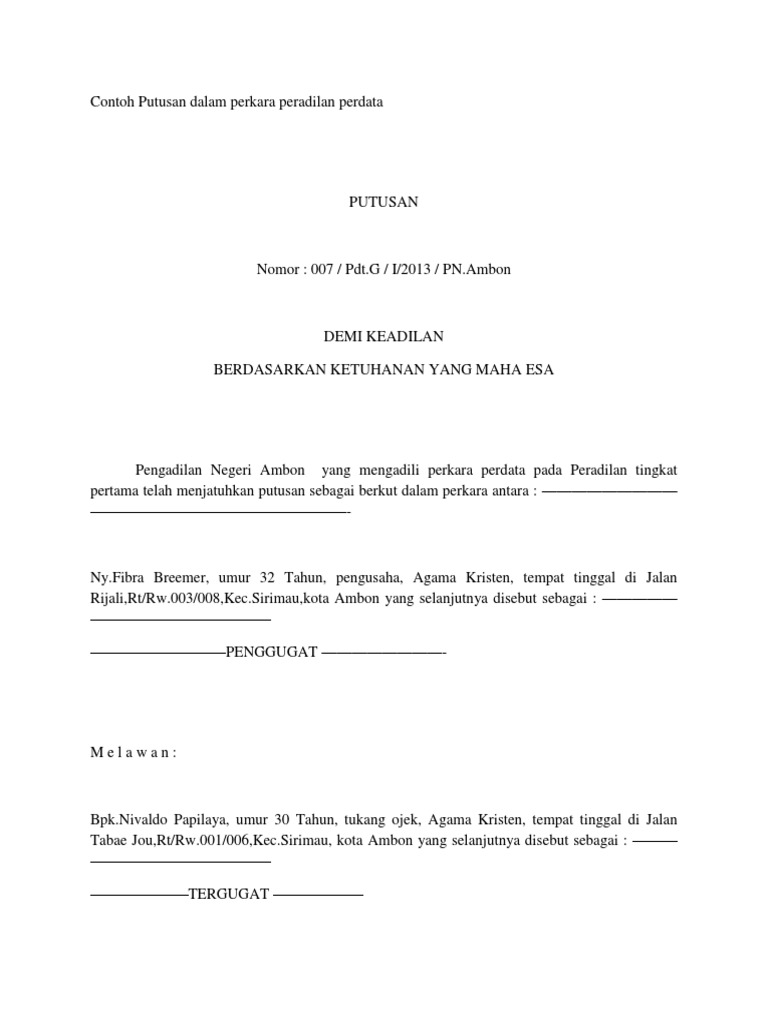 Contoh Putusan Dalam Perkara Peradilan Perdata | PDF