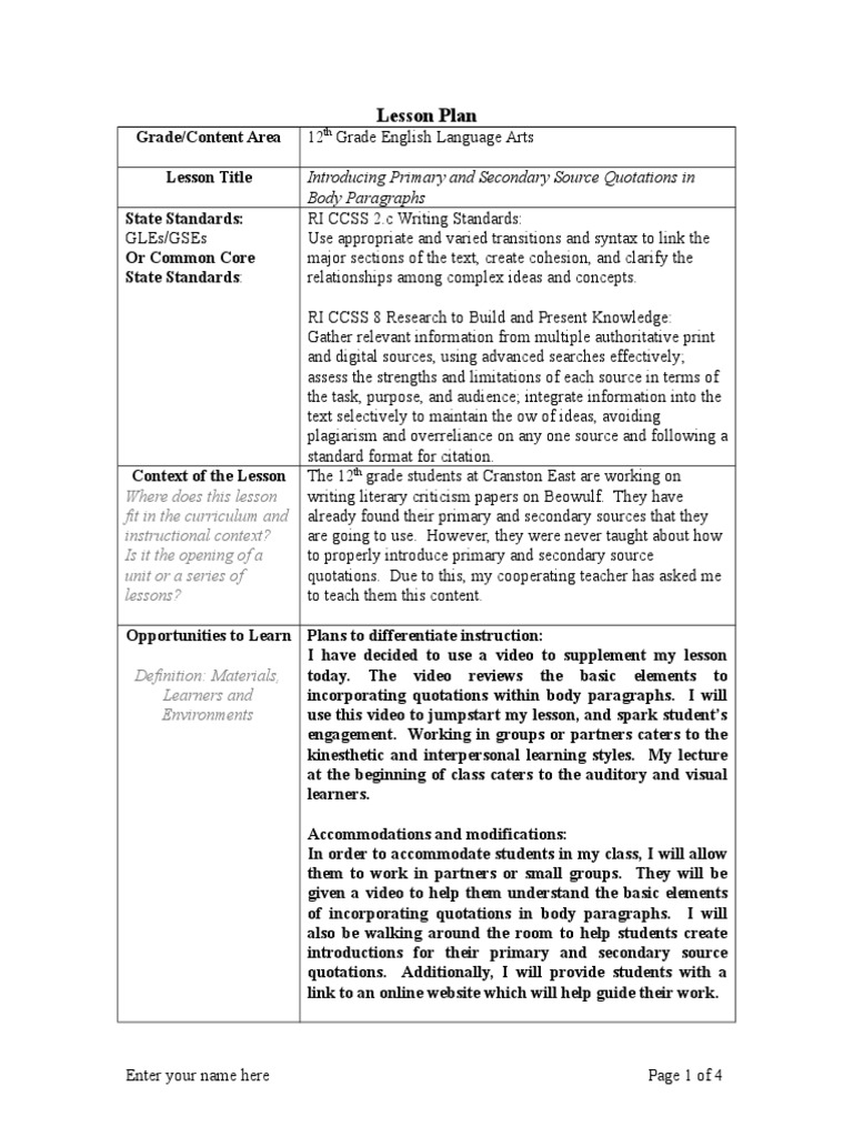 Lesson Plan: Introducing Primary and Secondary Source Quotations in ...