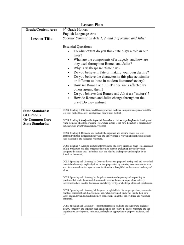 Lesson Plan Romeo and Juliet Socratic Seminar | PDF | Educational ...