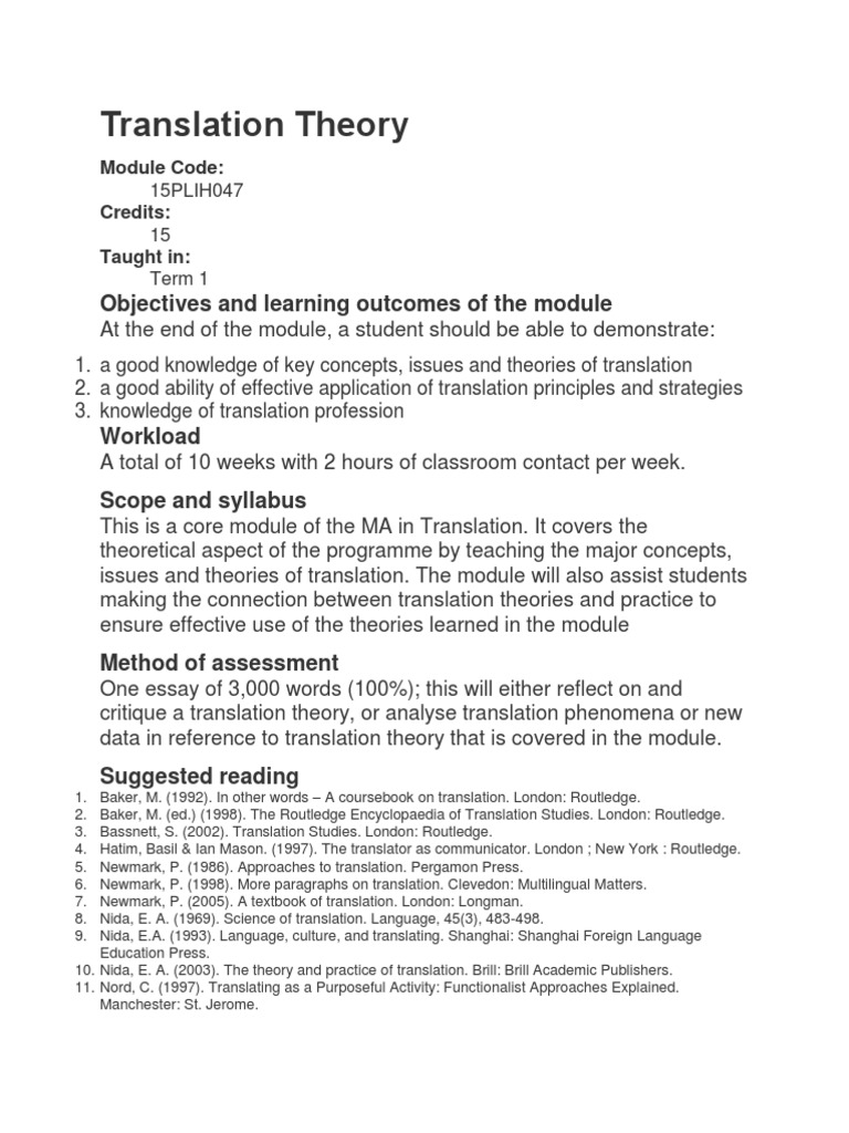 Translation Theory: Objectives and Learning Outcomes of The Module | PDF