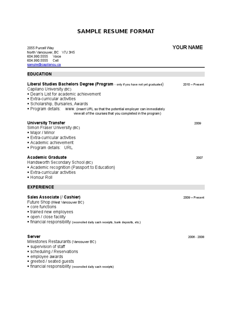 Sample Resume Format: Education Liberal Studies Bachelors Degree ...