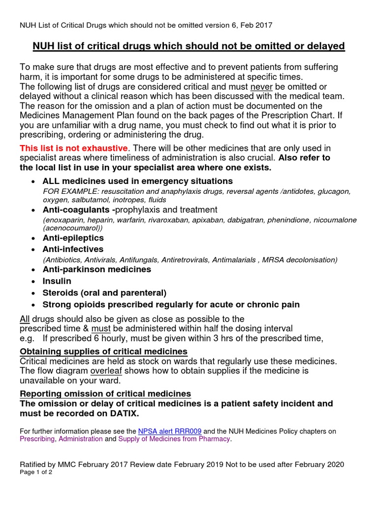 Drugs Which Must Not Be Omitted or Delayed | PDF | Pharmacy ...