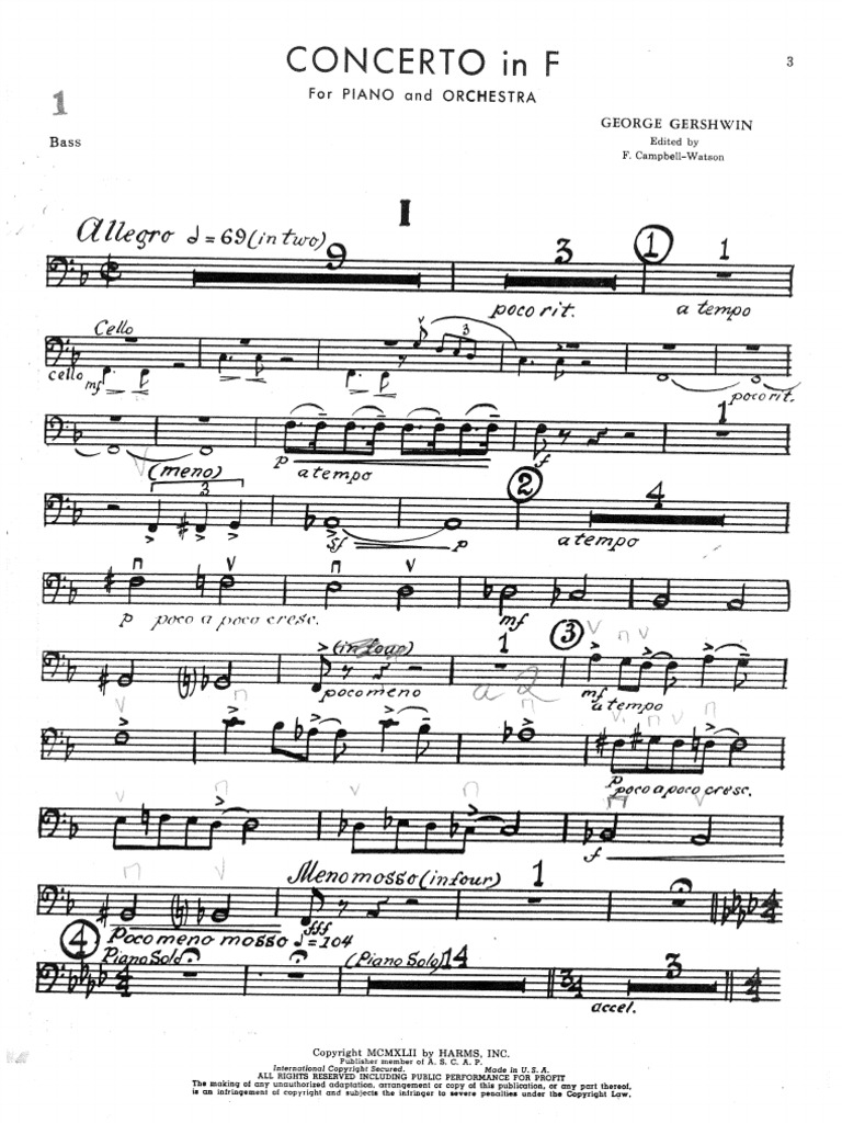 Gershwin George - Piano Concerto in F, Bass | PDF | Compositions ...