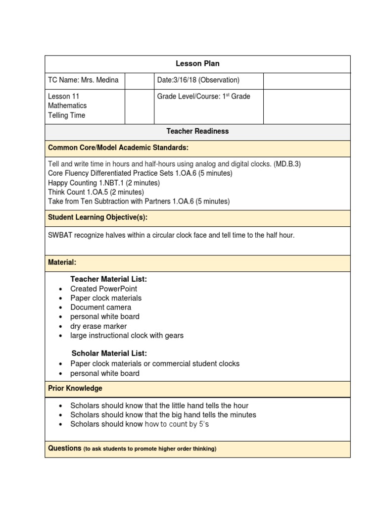 Lesson Plan: Teacher Readiness Common Core/Model Academic Standards ...