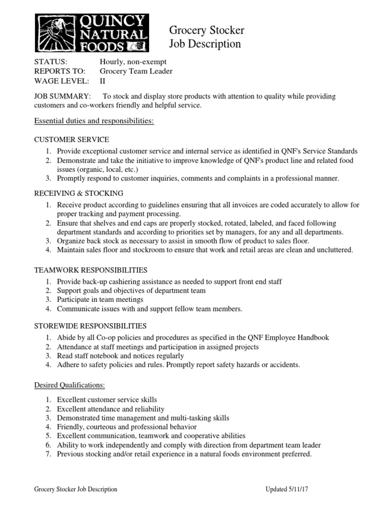 Grocery Stocker JD Rev 051117 | PDF | Employment | Business