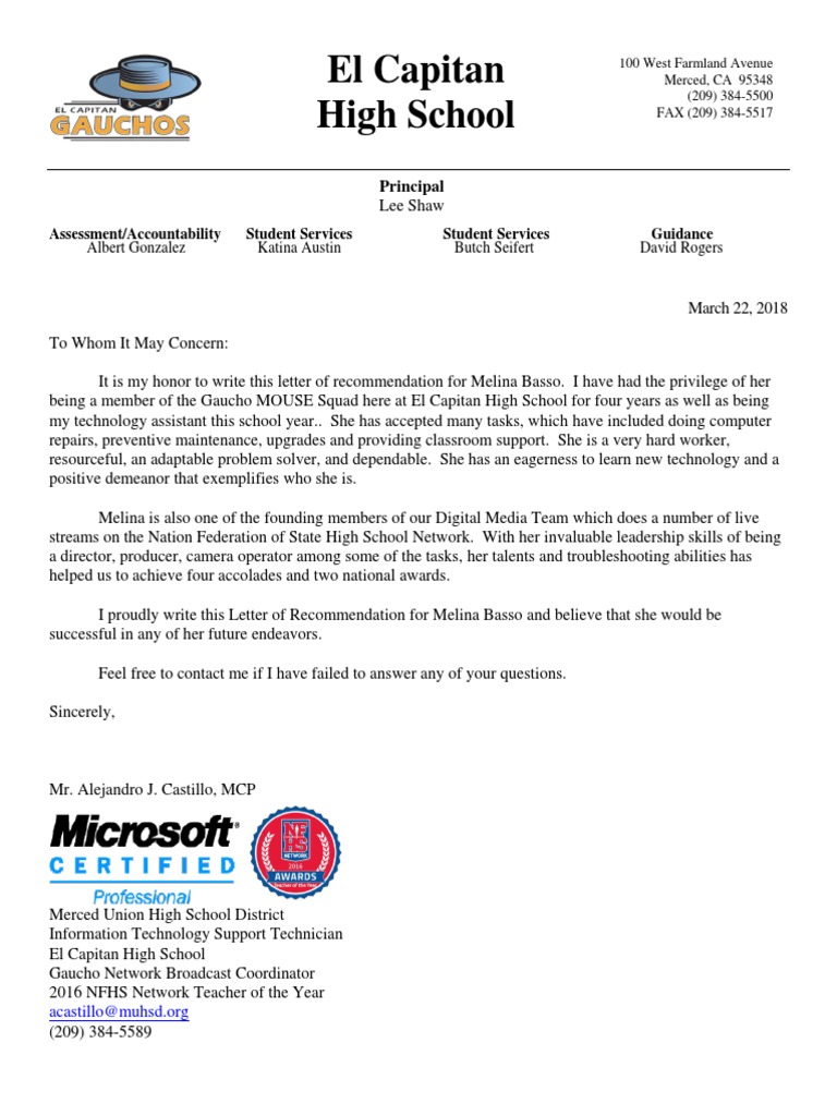 Castillo Letter of Rec | PDF