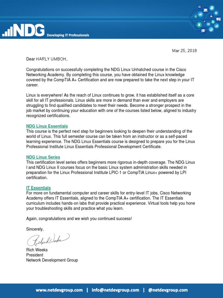 HARLYUMBOH-NDG Linux Unhatched - Certificate | PDF | Computers | Technology & Engineering