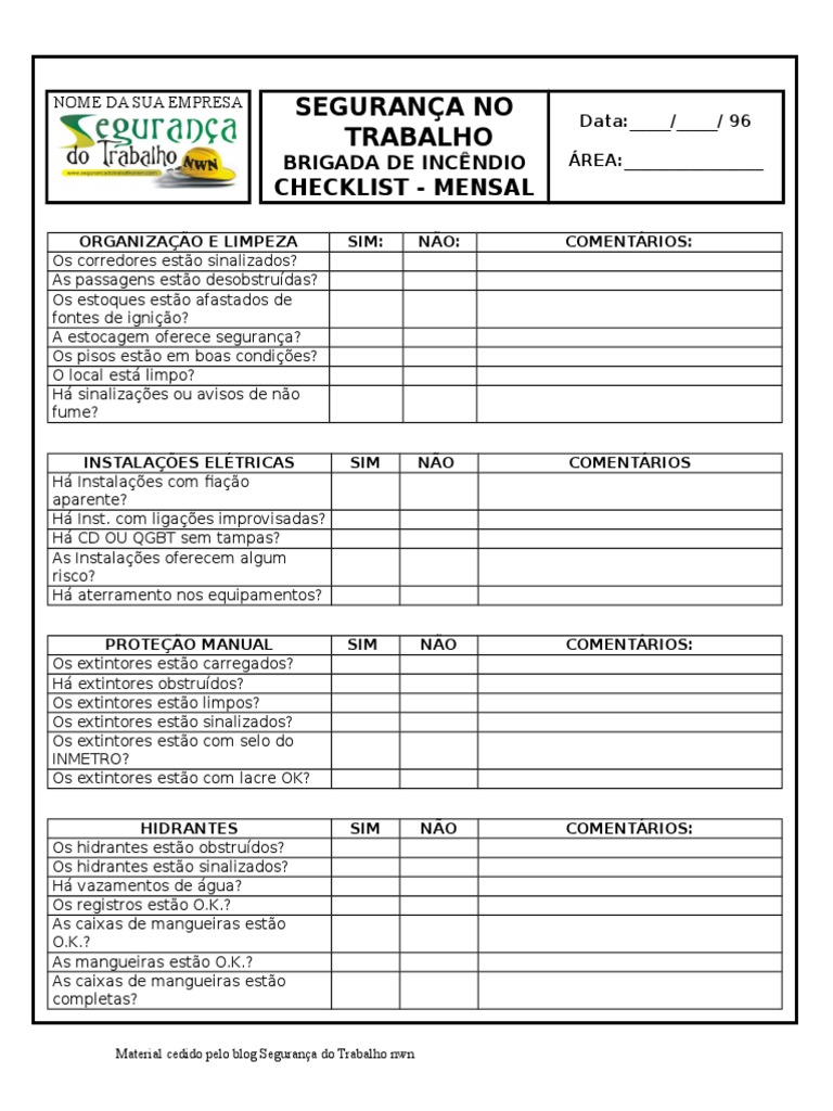 Check List Brigada Incendio | Science | Tecnologia (Geral)