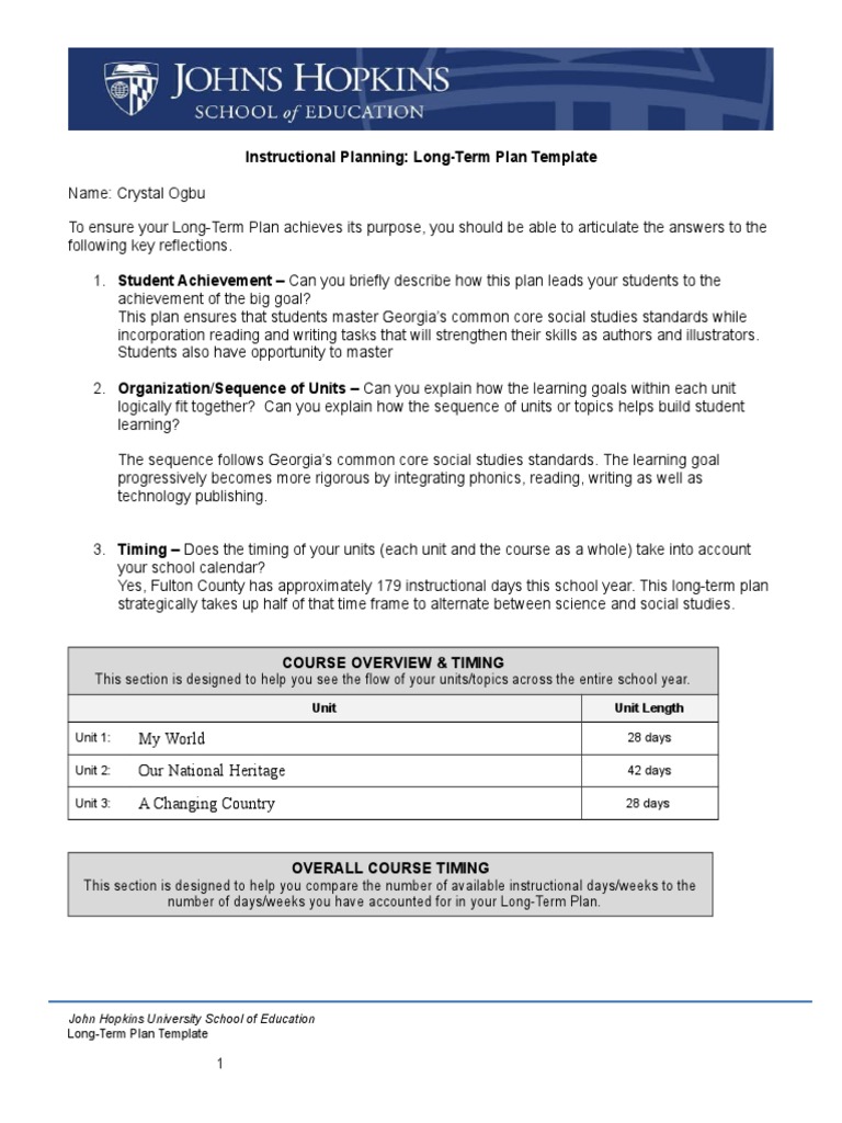 Instructional Planning: Long-Term Plan Template: My World Our National ...