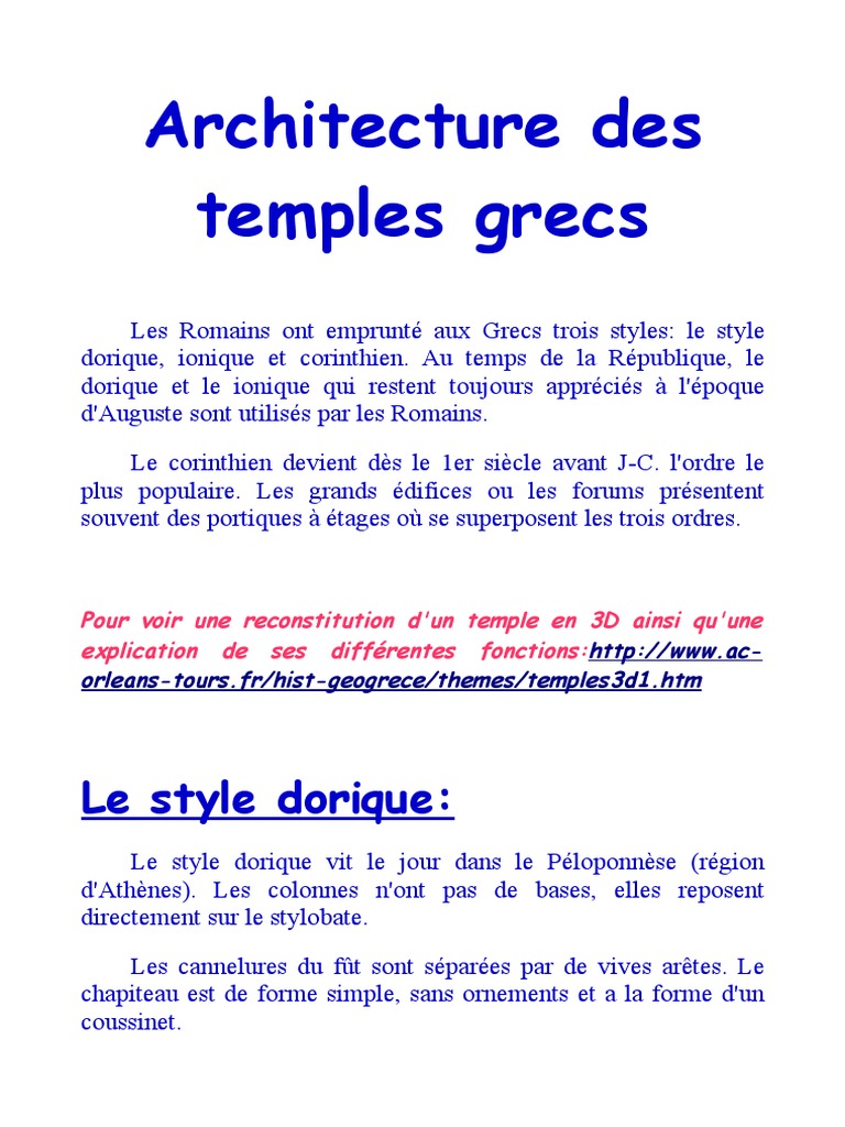 Styles et caractéristiques des temples grecs | PDF | Colonne ...