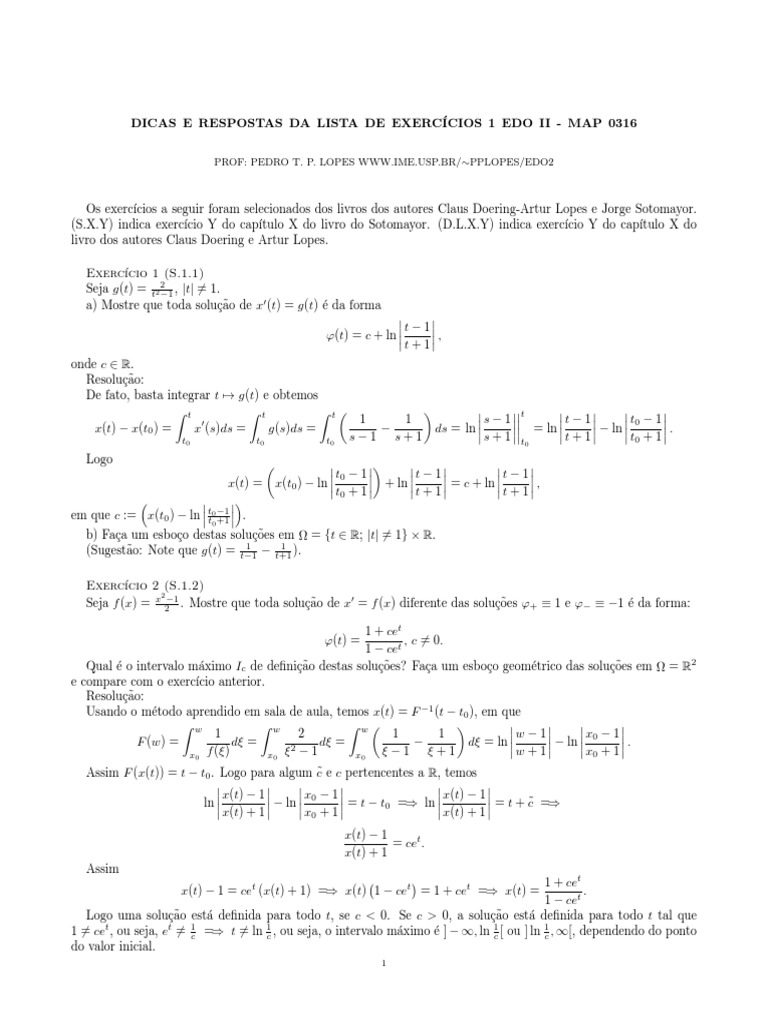 Dicas e Respostas Lista 1 Edo2 | PDF | Derivado | Verdade lógica