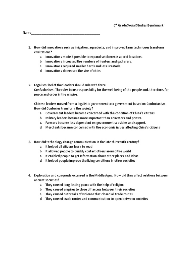 6th Grade Social Studies Benchmark 2016 | PDF | Monarchy | Civilization