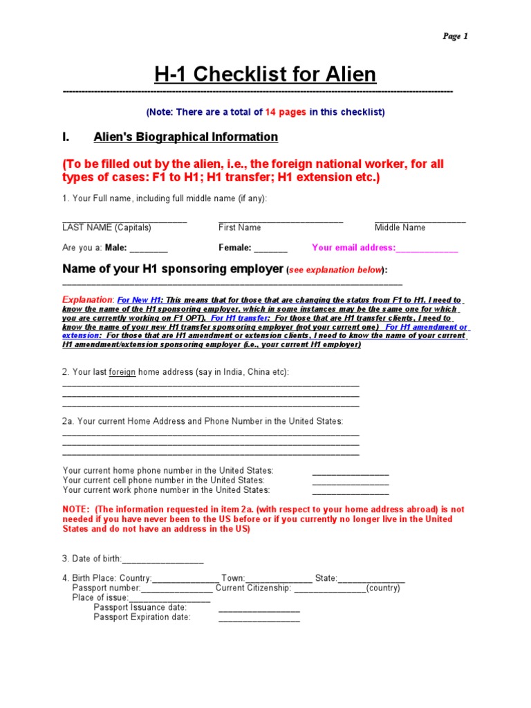 H1 Checklist To Be Filled Out by Alien | PDF | Business