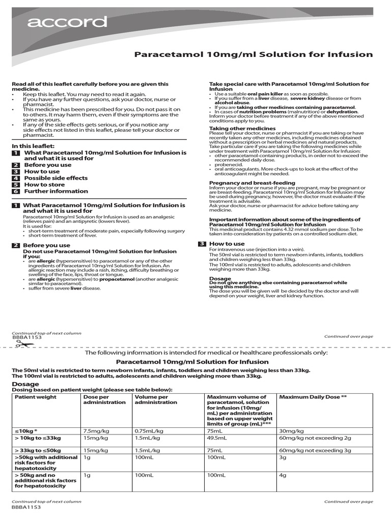 Paracetamol 10mg/ml Solution For Infusion: BBBA1153 | PDF | Intravenous ...