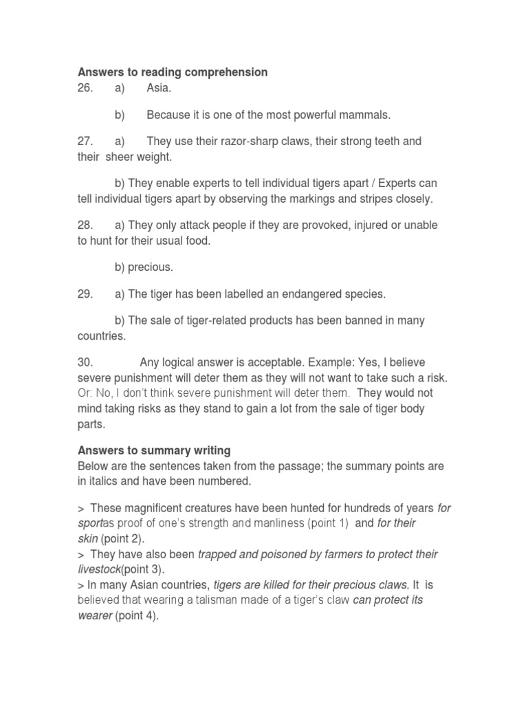 Answers To Reading Comprehension | PDF | Tiger | Poaching