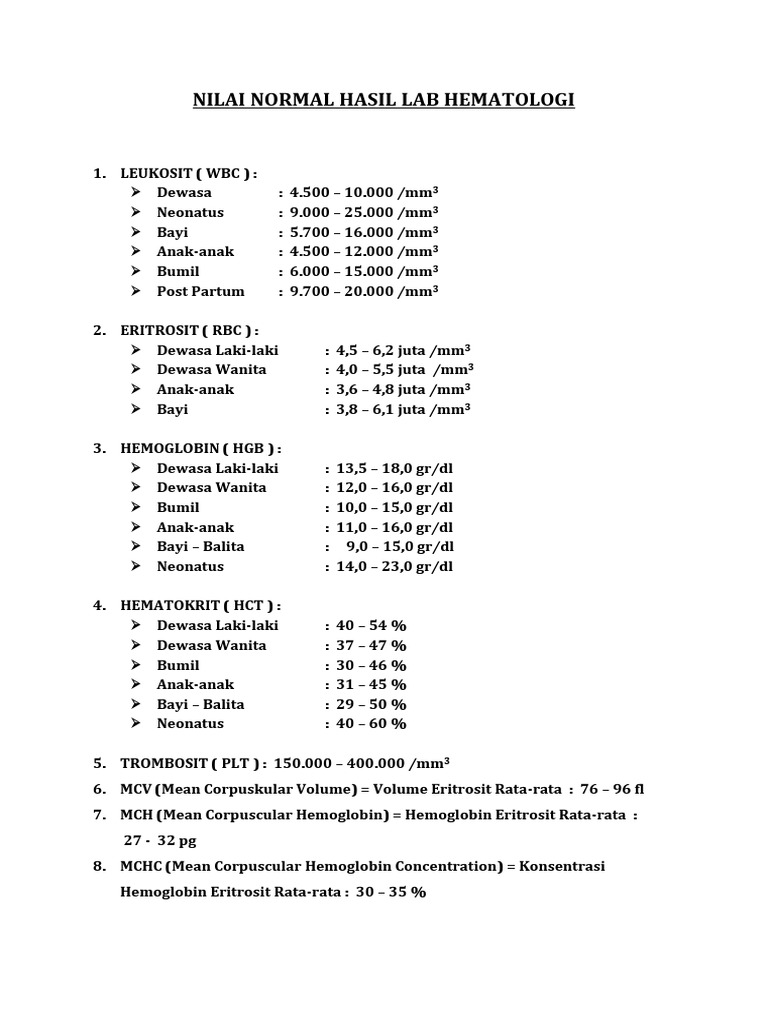 Nilai Normal Hasil Lab Hematologi | PDF | Wellness