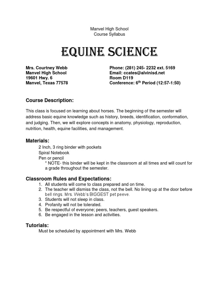 Syllabus - Equine Science | PDF | Homework | Horses