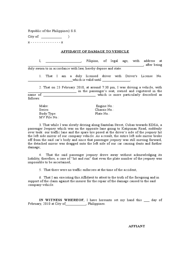 Affidavit of Damage To Vehicle | PDF | Affidavit | Vehicles
