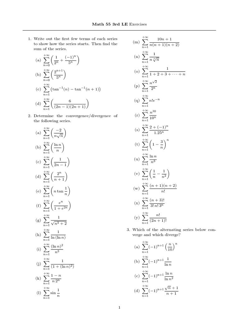 Math 55 Series and Convergence Exercises | PDF | Series (Mathematics ...