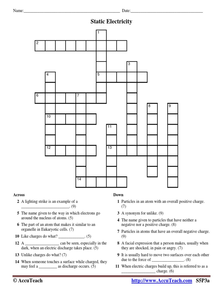 Static Electric City Crosswords | PDF | Electric Charge | Atoms