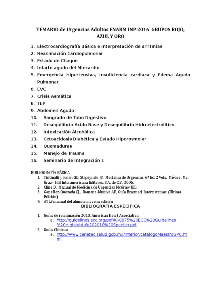 Temario Enarm Inp 2016 Urgencias | PDF | Medicina Interna | Emergencias ...