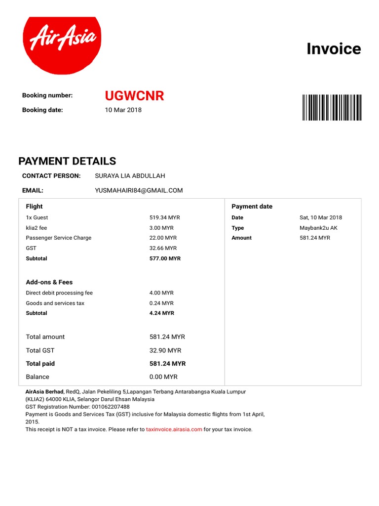 AirAsia Travel Itinerary - Booking No. (UGWCNR) | PDF