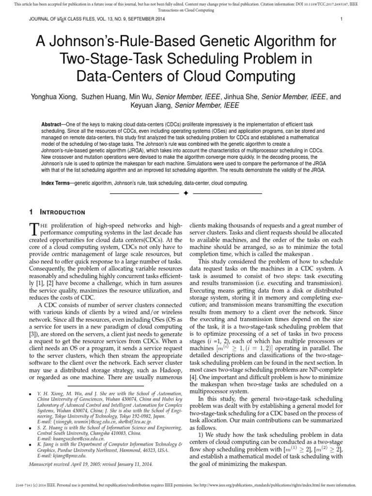 A Johnson's-Rule-Based Genetic Algorithm For Two-Stage-Task Scheduling Problem in Data-Centers ...