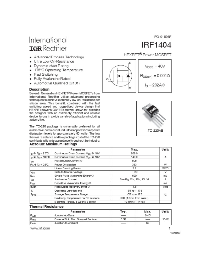 Irf 1404 | PDF | Field Effect Transistor | Mosfet