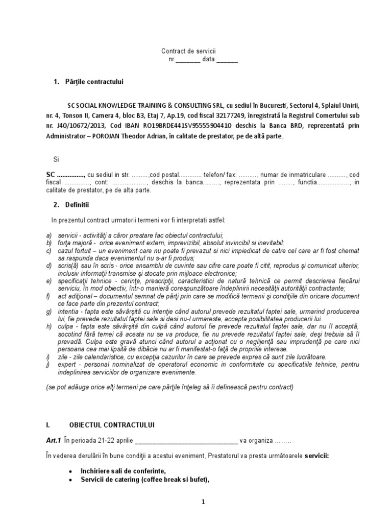 Model de Contract Organizare Evenimente