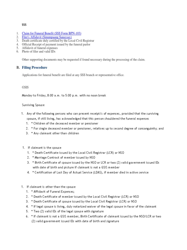 Filing Procedure: Claim For Funeral Benefit (SSS Form BPN-103) Filer's ...