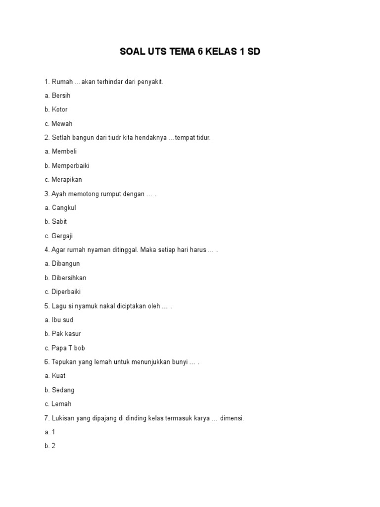 Soal Uts Tema 6 Kelas 1 SD | PDF