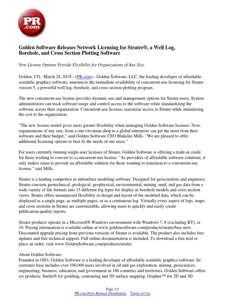 Golden Software Releases Network Licensing For Strater® A Well Log