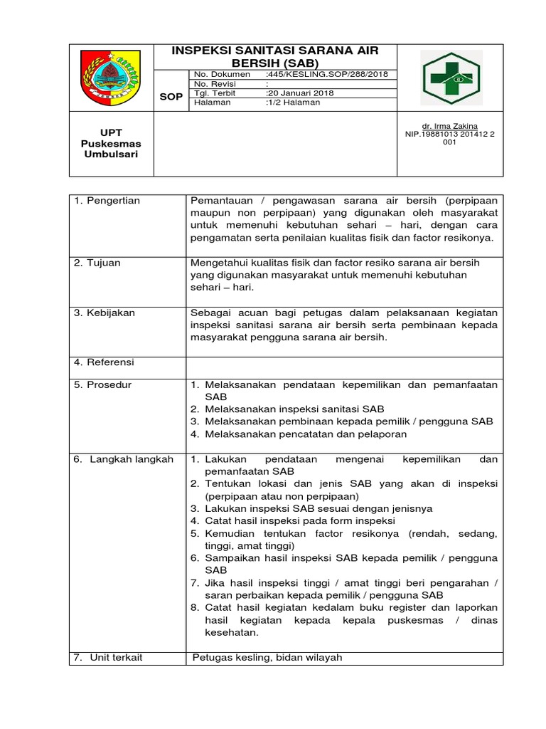 Sop Inspeksi Sanitasi Sarana Air Bersih (Sab) | PDF