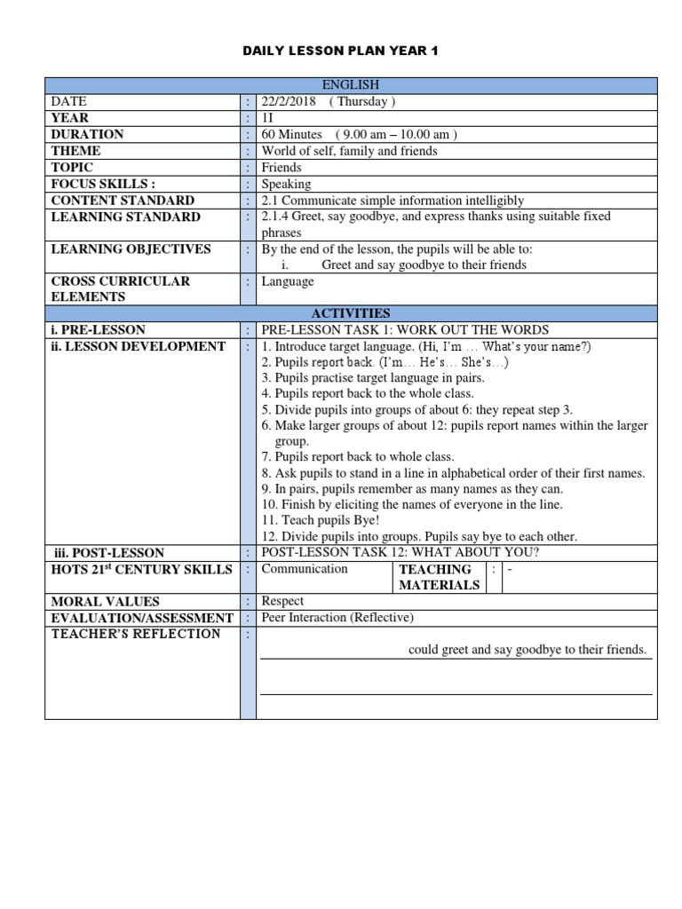 Year 1 Lesson Plan | PDF