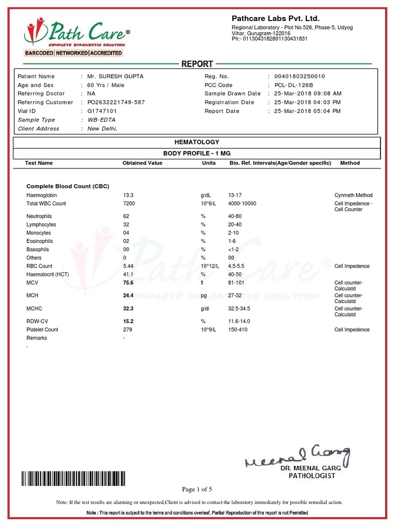 Pathcare Labs Pvt. LTD.: Hematology Body Profile - 1 MG | PDF ...