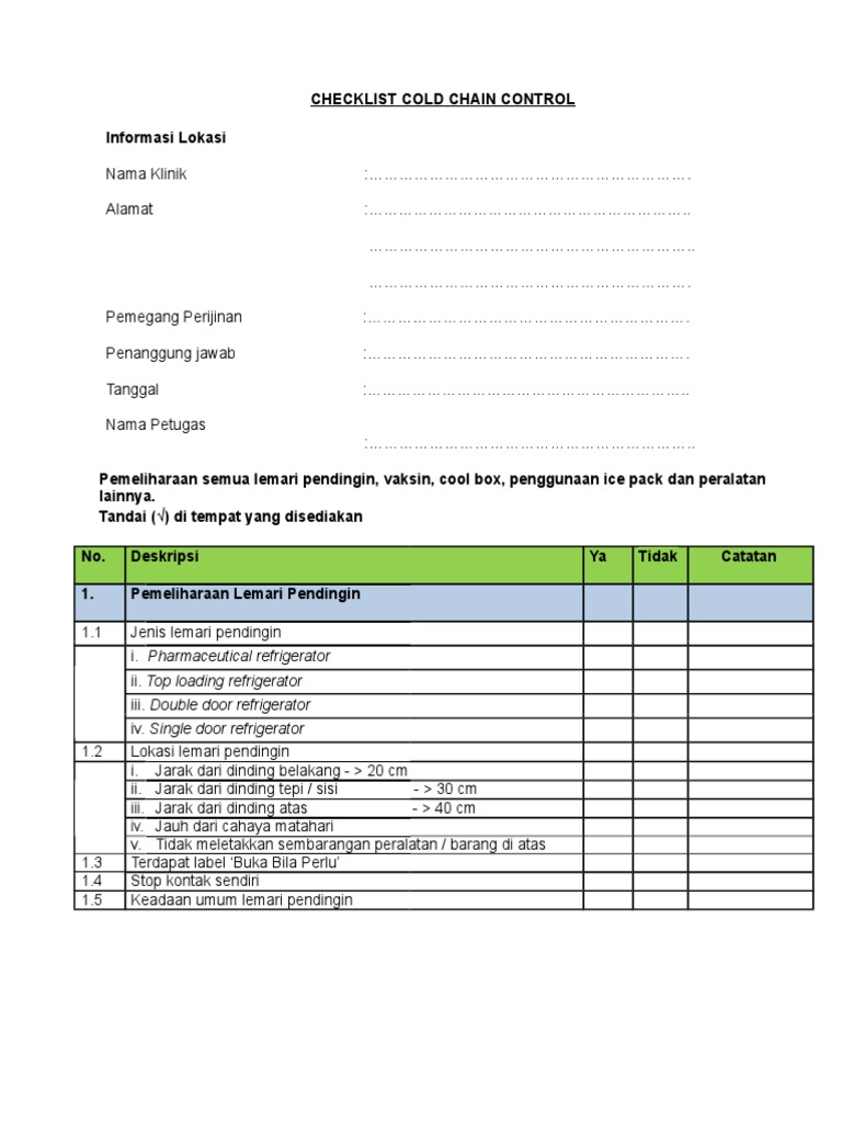 Checklist Cold Chain | PDF | Sains & Matematika