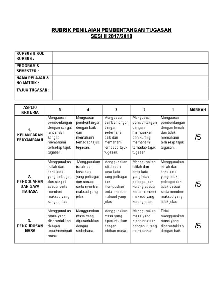 Rubrik Pembentangan - 23012018 | PDF