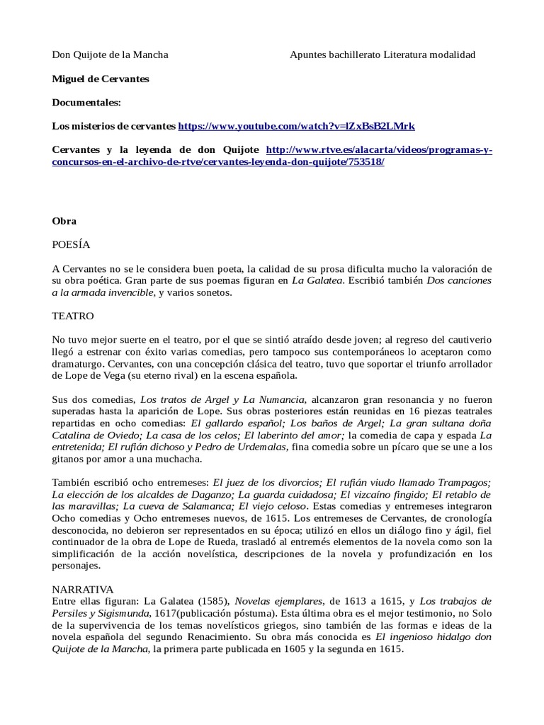 Apuntes Quijote - Bachillerato | PDF | Don Quijote | Miguel De Cervantes