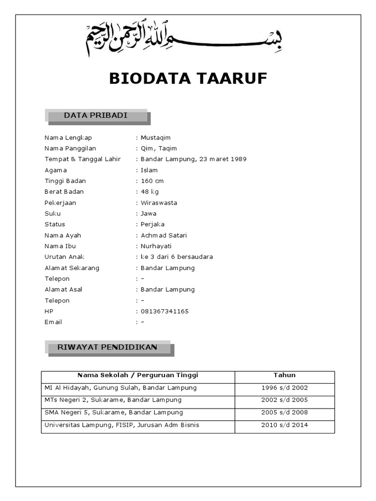 Biodata Taaruf Mustaqim | PDF