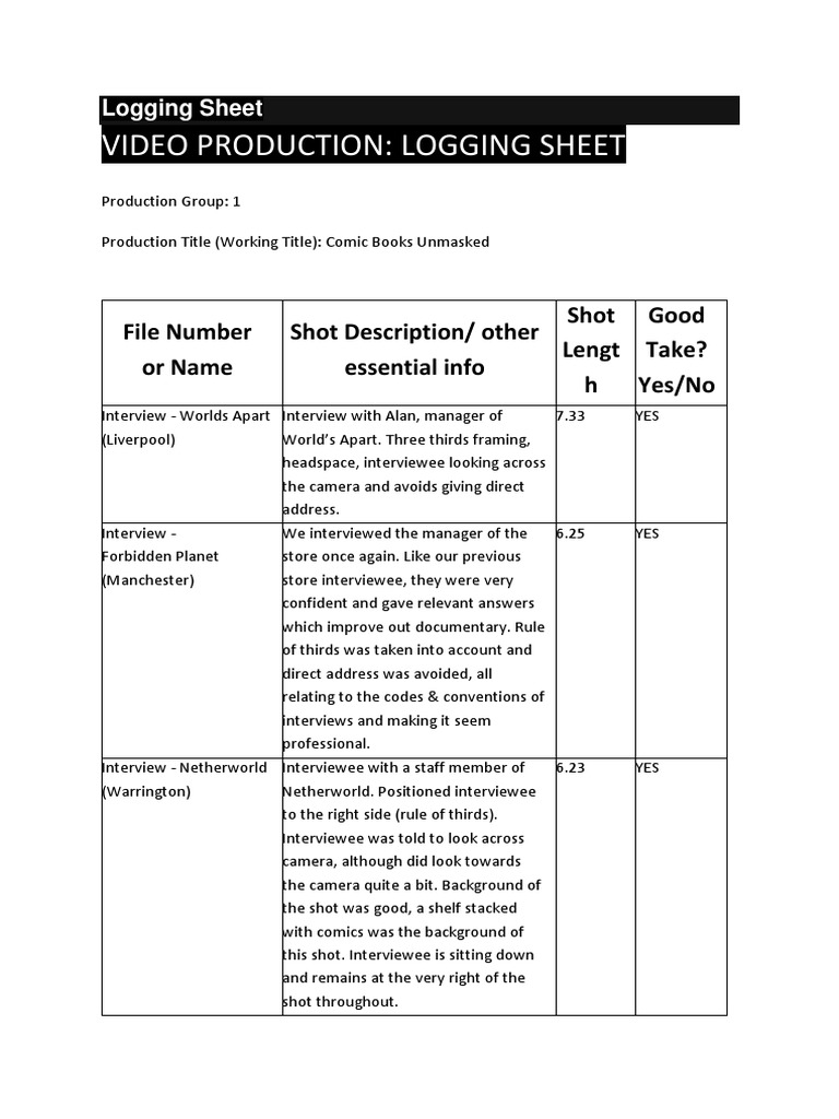 Video Production: Logging Sheet | PDF | Dc Comics | Comic Book