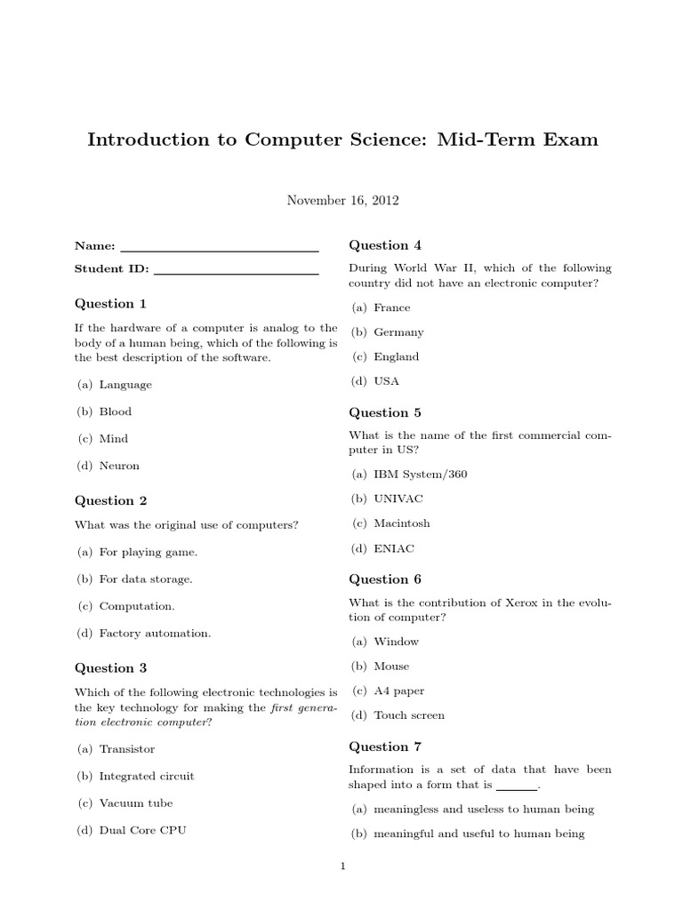 Introduction To Computer Science: Mid-Term Exam: November 16, 2012 ...