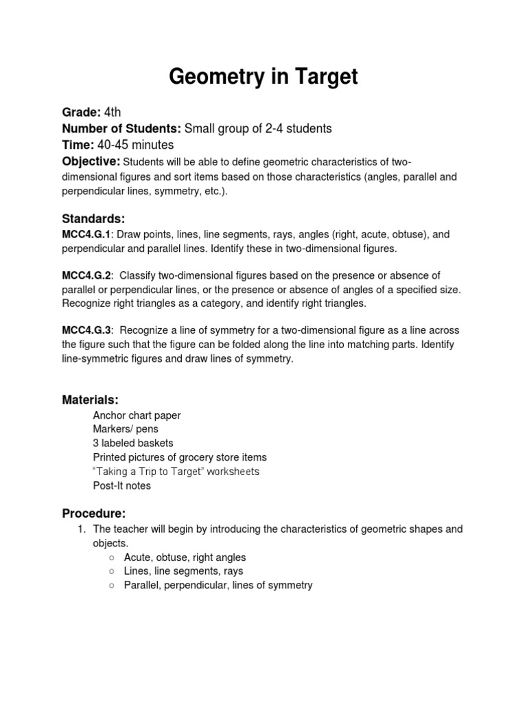 Geometry in Target: Grade: 4th Number of Students: Small Group of 2-4 ...