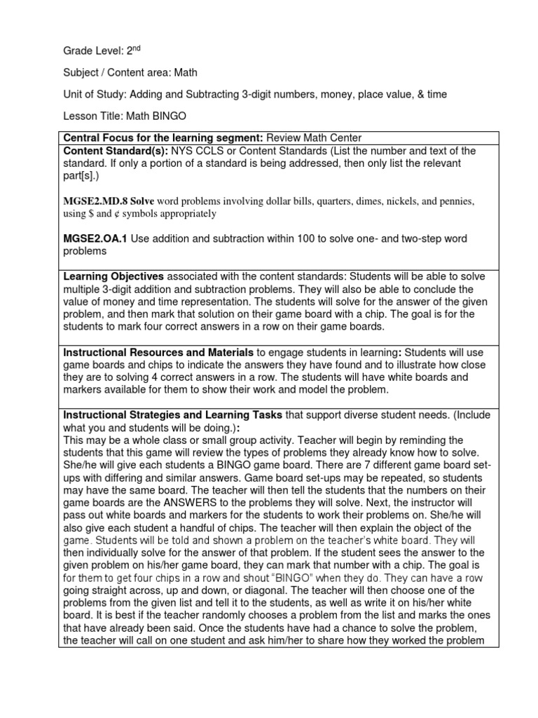 Math Bingo Edtpa Lesson Plan | PDF | Lesson Plan | Applied Psychology